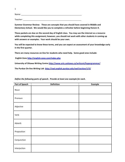 9th Grade Grammar Packet