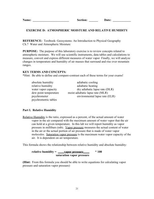Lab D: Atmospheric Moisture & Relative Humidity