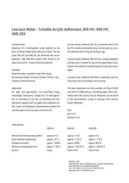 Lascaux Water - Soluble Acrylic Adhesives 360 HV, 498 HV ... - Talas