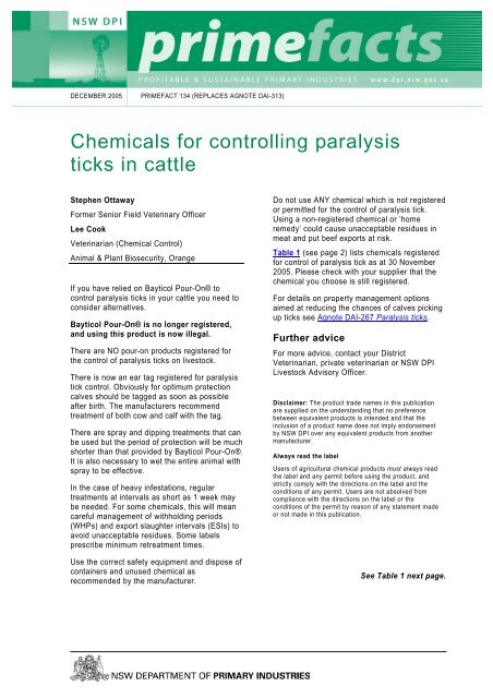 Chemicals for controlling paralysis ticks in cattle - NSW Department ...