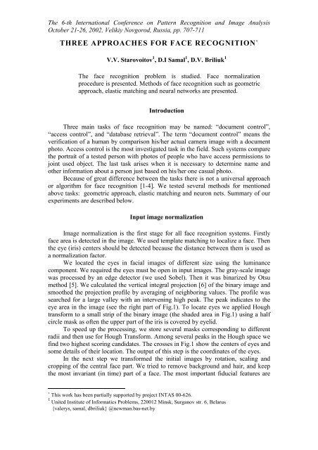 THREE APPROACHES FOR FACE RECOGNITION∗