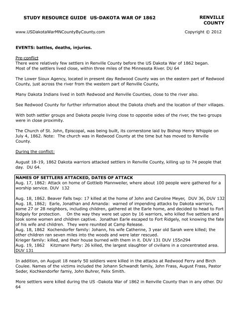 study resource guide us-dakota war of 1862 renville county