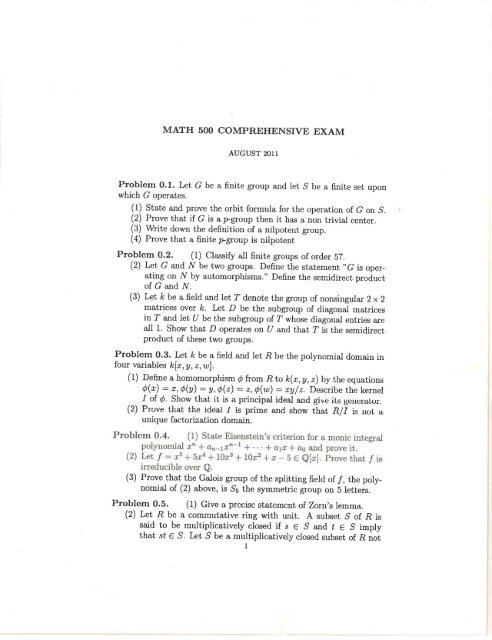 MATH 500 COMPREHENSIVE EXAM