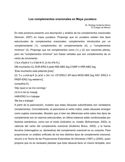 Los complementos oracionales en Maya yucateco - UNAM
