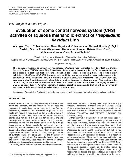 Evaluation of some central nervous system (CNS) - Academic Journals