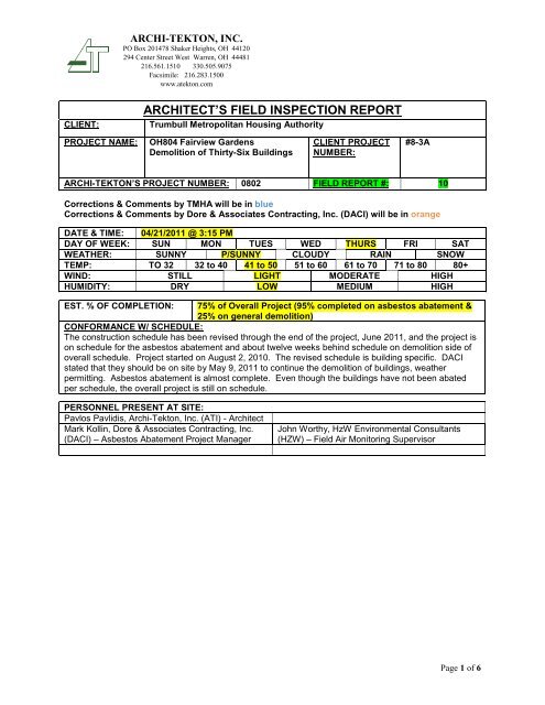 ARCHITECT'S FIELD INSPECTION REPORT - Trumbull TMHA