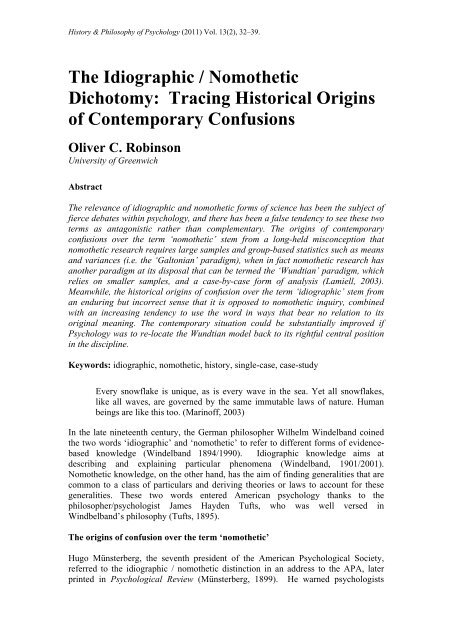 The Idiographic / Nomothetic Dichotomy - University of Greenwich