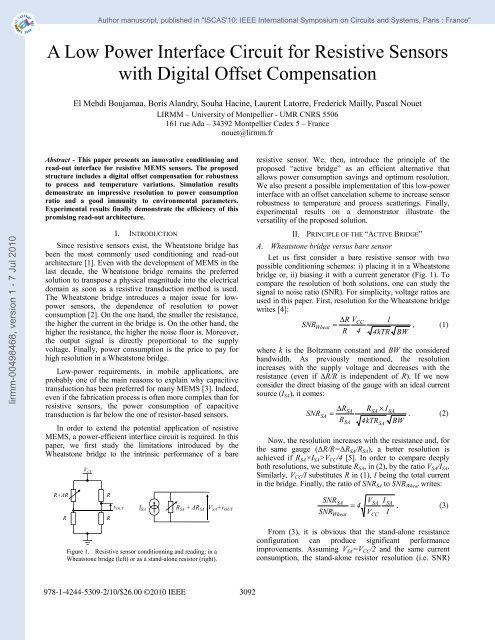 A Low Power Interface Circuit for Resistive Sensors with Digital ...