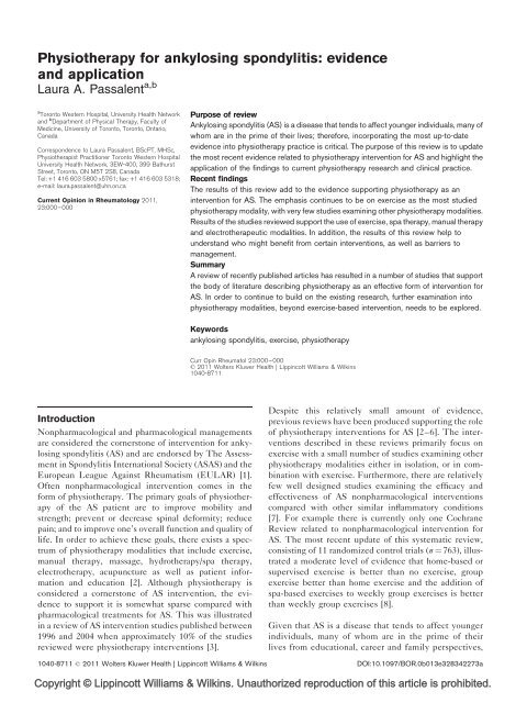 Physiotherapy for ankylosing spondylitis: evidence and ... - BAMT.BE