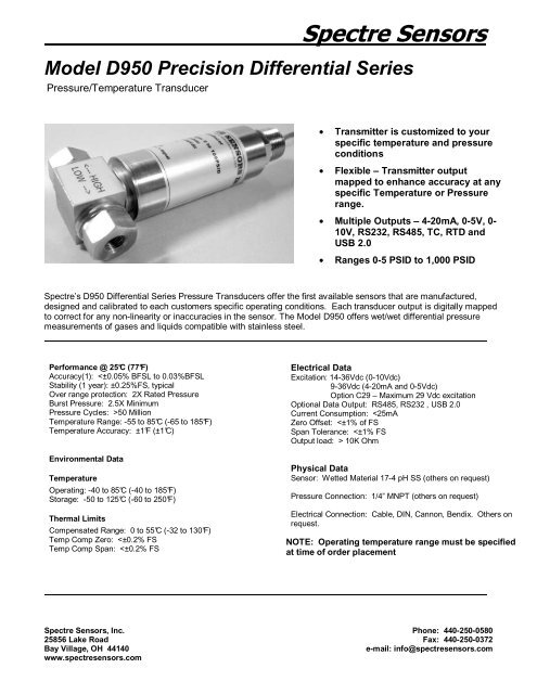 D950 series transducer - Spectre Sensors