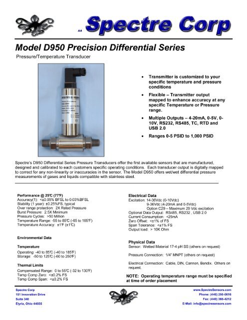 Model D950 Precision Differential Series - Spectre Sensors
