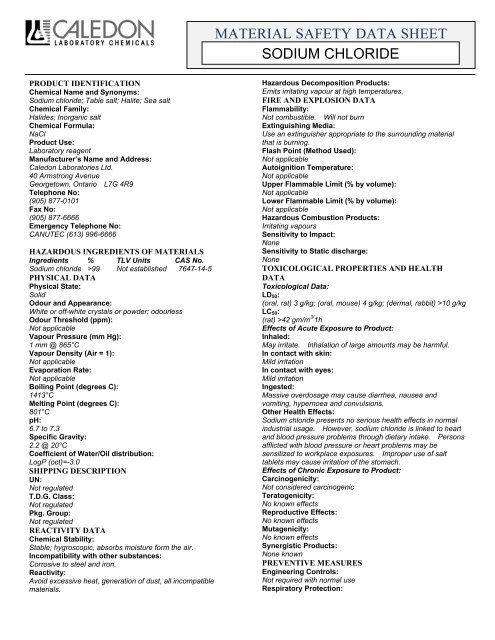 material safety data sheet sodium chloride - Caledon Labs