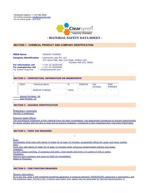Download MSDS for SODIUM CYANIDE - Clearsynth Labs