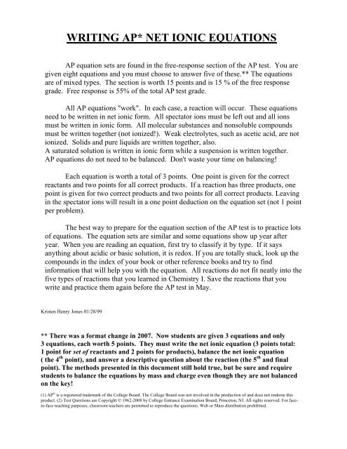 Ap Chemistry Net Ionic Equations Practice With Answers - Tessshebaylo