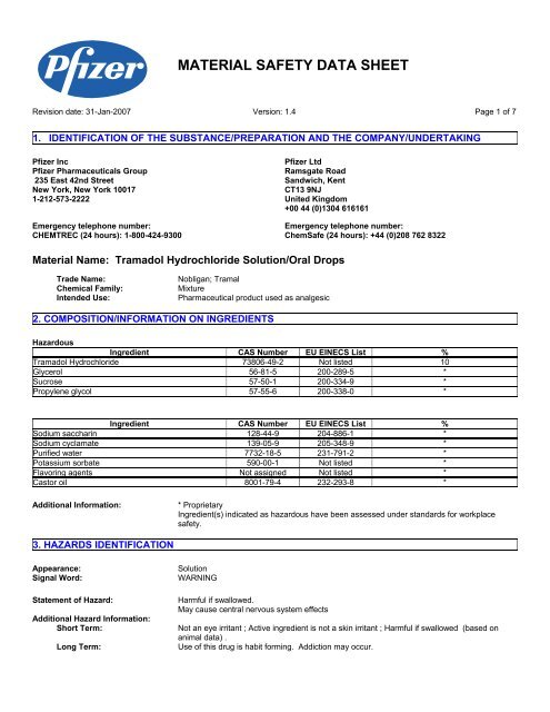 Material safety data sheet - Pfizer