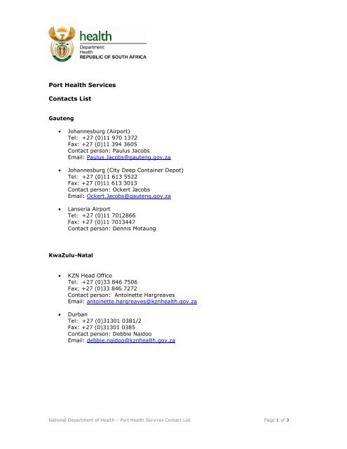 Port Health Services Contact List - Department of Health