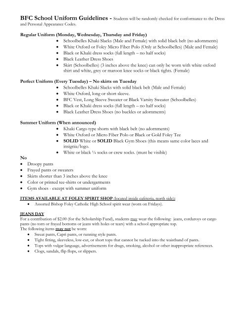 BFC School Uniform Guidelines - Bishop Foley Catholic High School