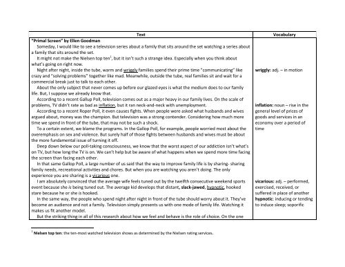 Text Vocabulary “Primal Screen” by Ellen Goodman Someday, I ...