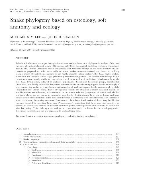 Snake phylogeny based on osteology, soft anatomy and ecology