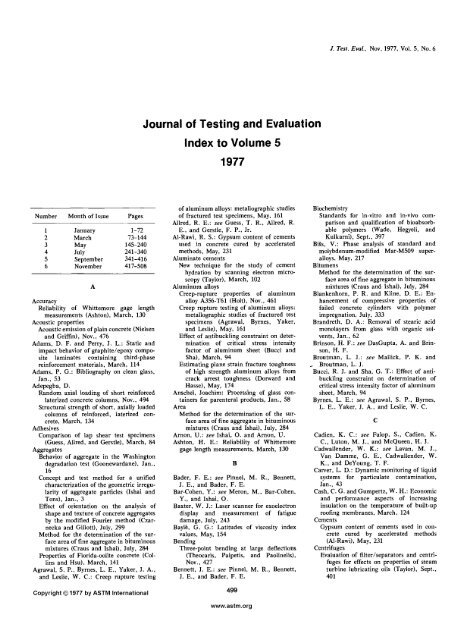 Journal of Testing and Evaluation Index to Volume 5 1977 - ASTM ...