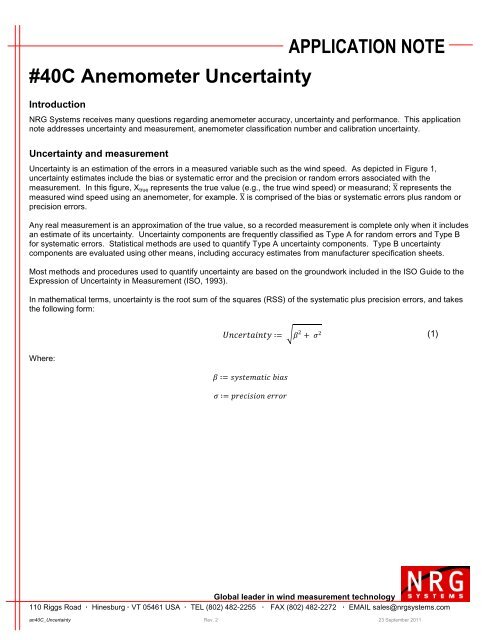 APPLICATION NOTE #40C Anemometer Uncertainty - NRG Systems