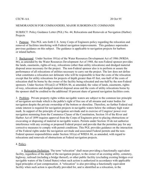 Policy Guidance Letter No. 44: Relocations and Removals - U.S. Army