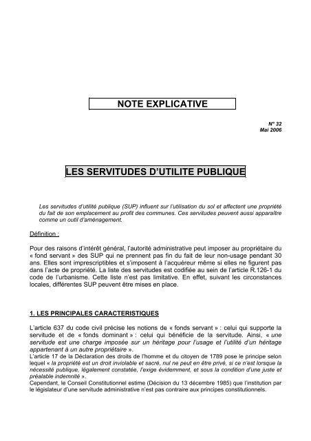 NOTE EXPLICATIVE LES SERVITUDES D'UTILITE PUBLIQUE