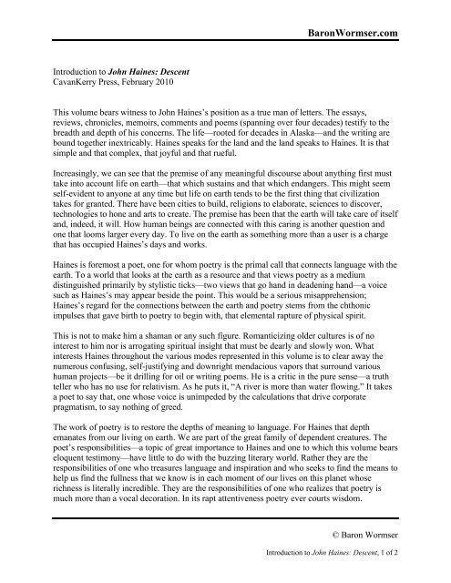 Introduction to John Haines: Descent - Baron Wormser