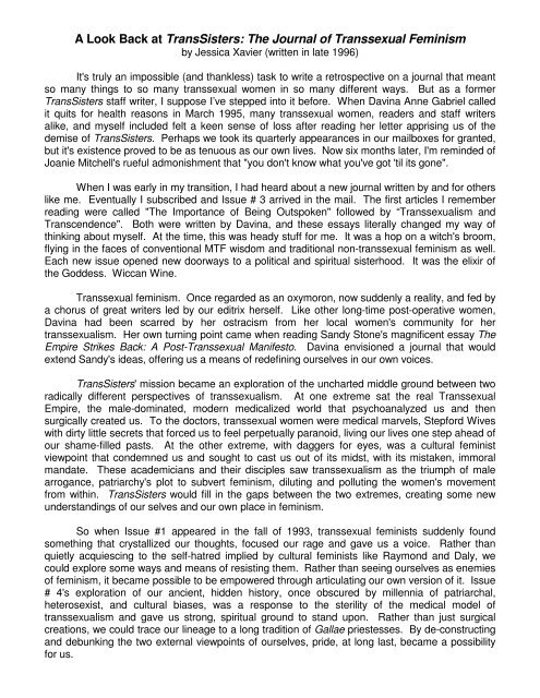 A Look Back at TransSisters: The Journal of Transsexual Feminism