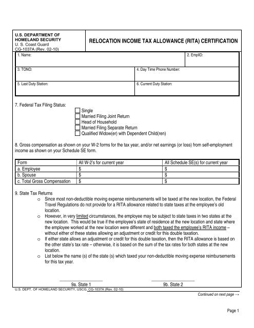 relocation income tax allowance (rita) certification - U.S. Coast Guard