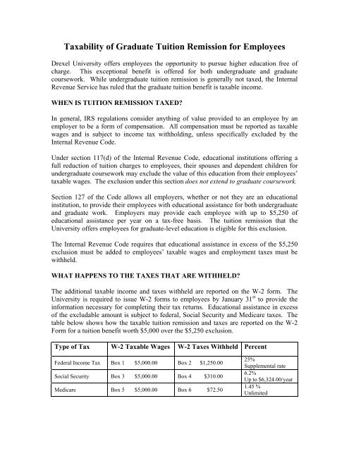 Taxability of Graduate Tuition Remission for ... - Drexel University