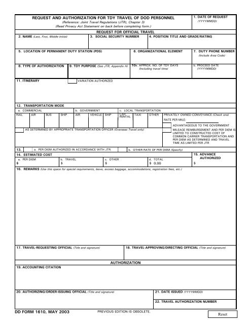 DD Form 1610, Request and Authorization for TDY Travel of DOD ...