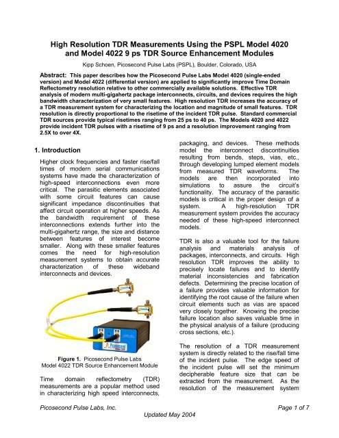 High Resolution TDR Measurements Using the PSPL - Picosecond ...