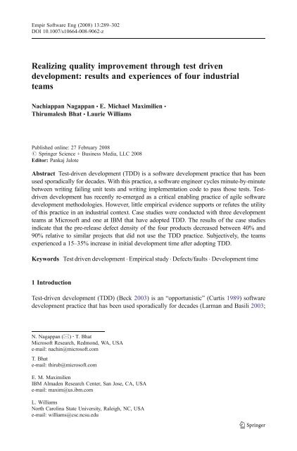 Realizing quality improvement through test driven development ...