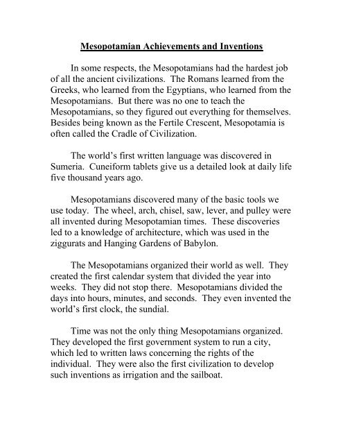 Mesopotamian Achievements and Inventions - Champaign Unit 4 ...
