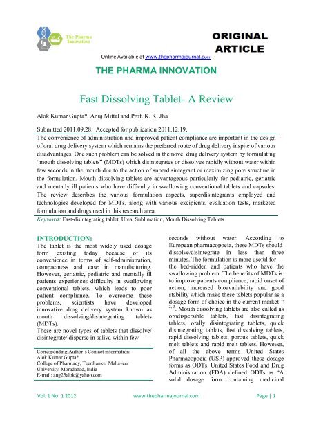 Fast Dissolving Tablet- A Review - The Pharma Innovation