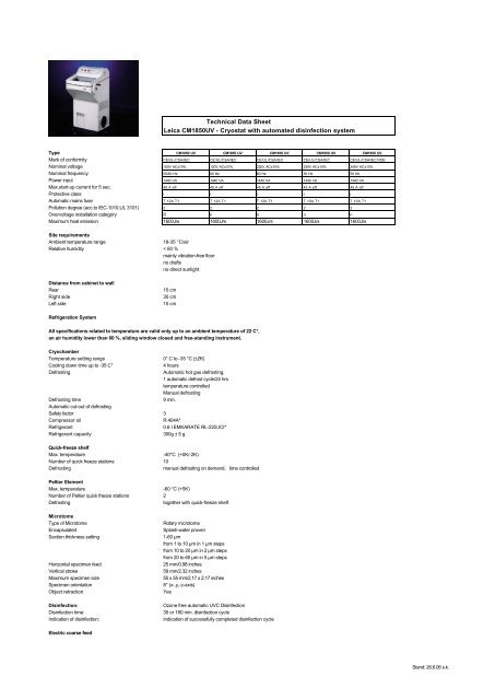 Technical Data Sheet Leica CM1850UV ... - Leica Biosystems