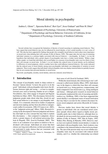 Moral identity in psychopathy - Judgment and Decision Making Moral identity in psychopathy - Judgment and Decision Making