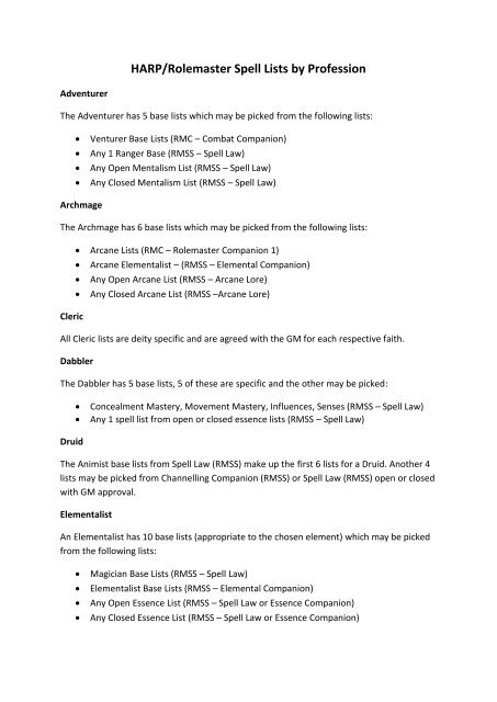 HARP/Rolemaster Spell Lists by Profession - The World of Traris