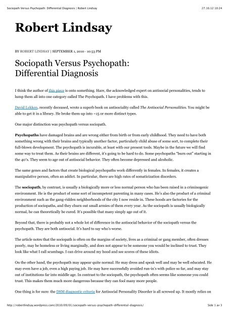 Sociopath Versus Psychopath: Differential Diagnosis | Robert Lindsay