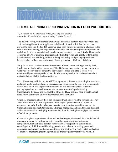 Chemical Engineering innovation in Food Production