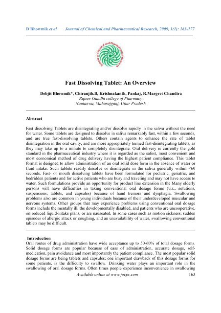 Fast Dissolving Tablet: An Overview - Journal of Chemical and ...