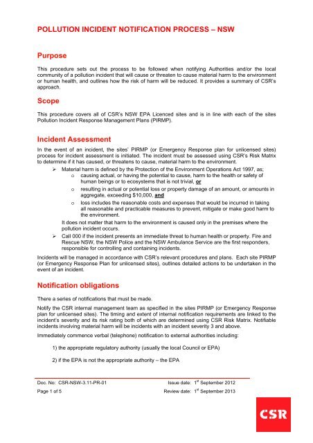 POLLUTION INCIDENT NOTIFICATION PROCESS ... - CSR Limited