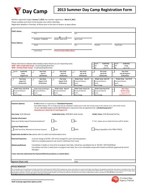 Summer Day Camp Registration Form - YMCA-YWCA of Winnipeg