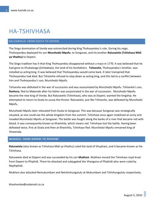 HA-TSHIVHASA - Luonde.co.za