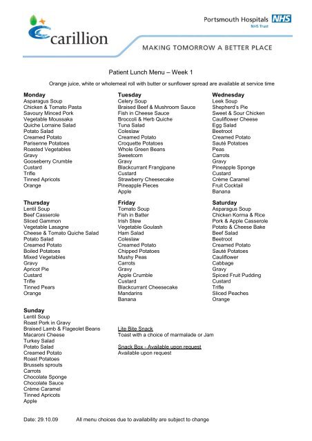Patient Lunch Menu – Week 1