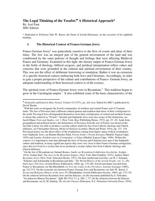 The Legal Thinking of the Tosafot - The José Faur Tora Studies Center