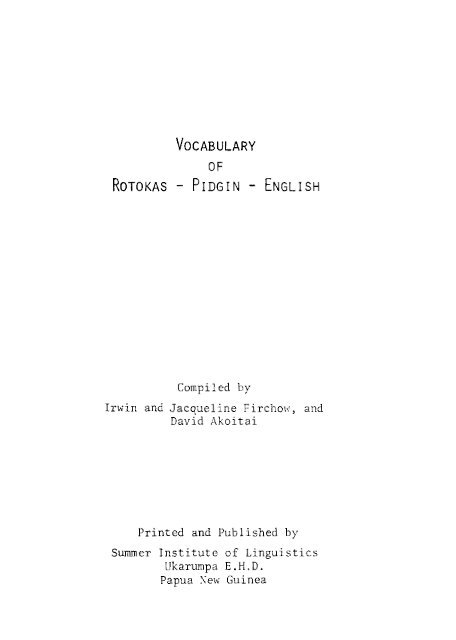 Vocabulary of Rotokas--Pidgin--English