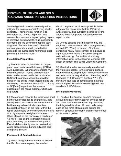 SENTINEL GALVANIC ANODES - Euclid Chemical Co