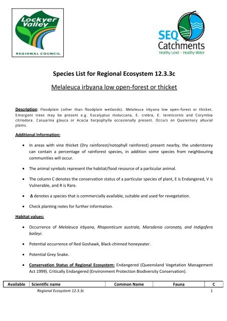 Regional Ecosystems Lists - Lockyer Valley Regional Council